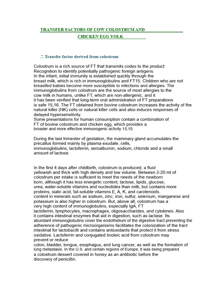Transfer Factors of Cow Colostrum and Chicken Egg Yolk | PDF | Immune ...