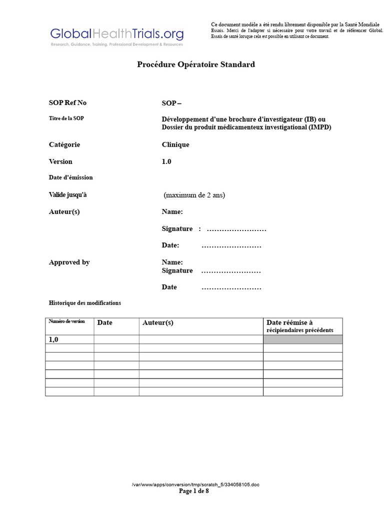 SOP pour le développement d'une brochure de l'investigateur ou d'un ...