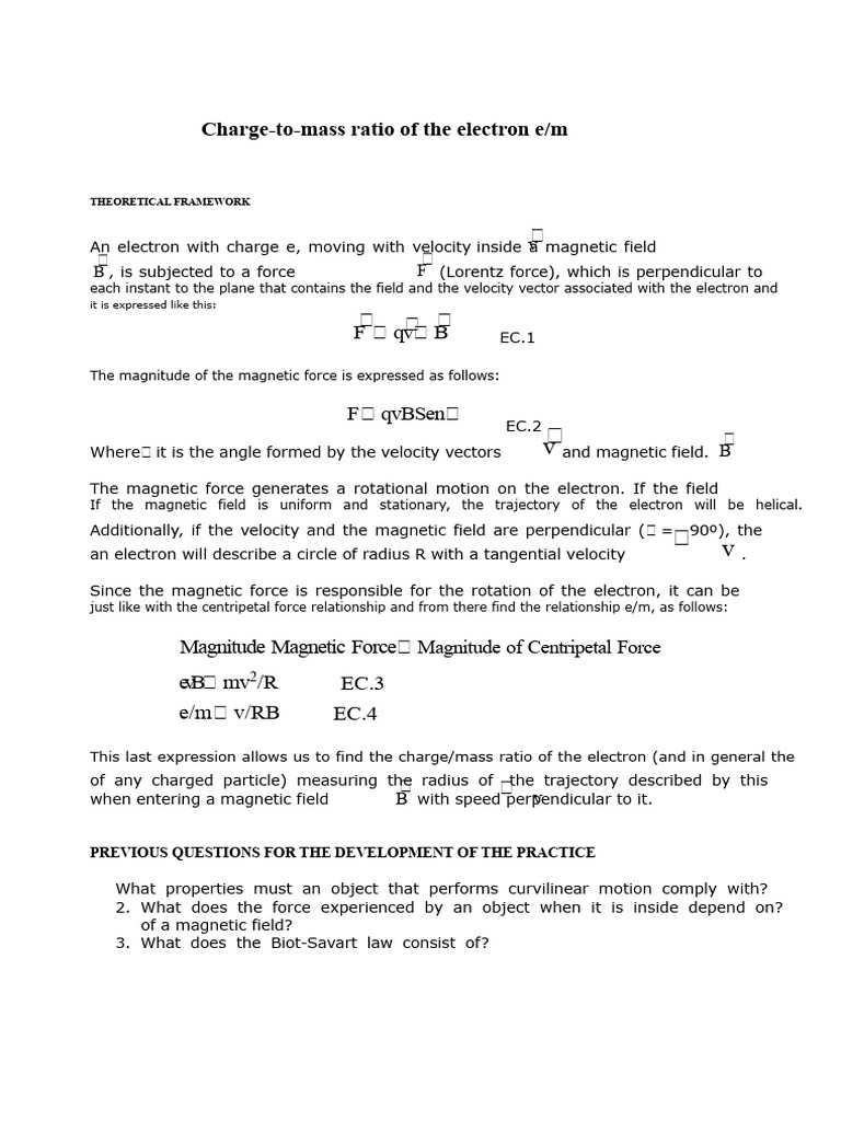 Electron Charge-to-Mass Ratio Experiment | PDF | Electron | Force
