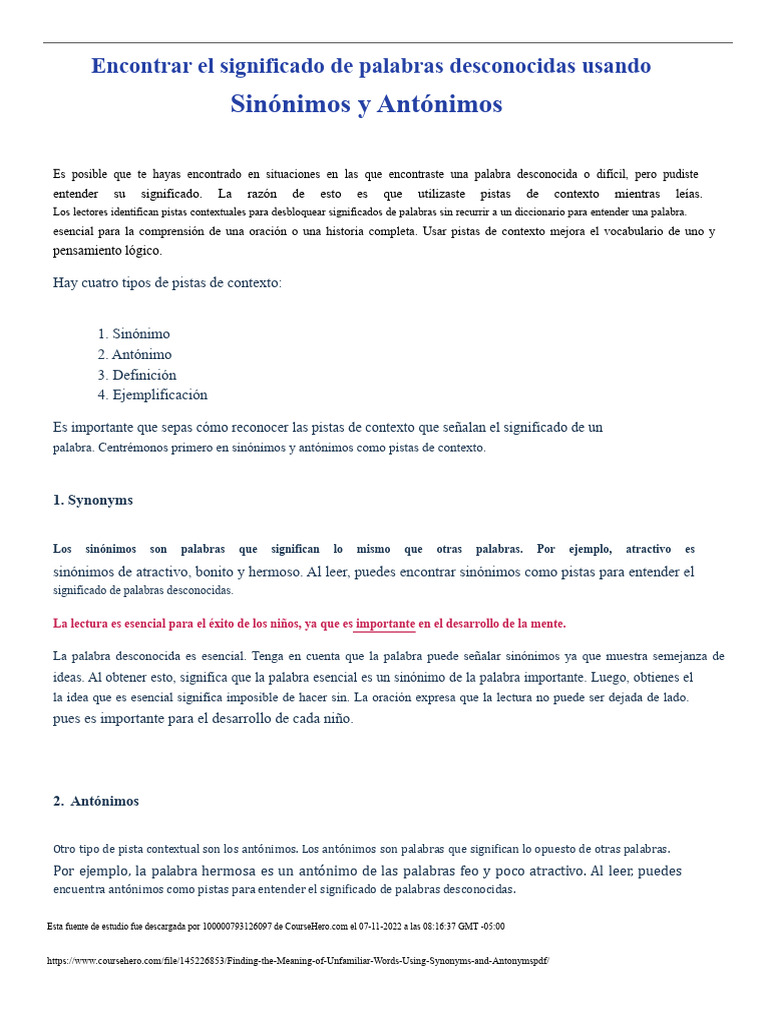 Encontrando El Significado de Palabras Desconocidas Usando Sinónimos y ...