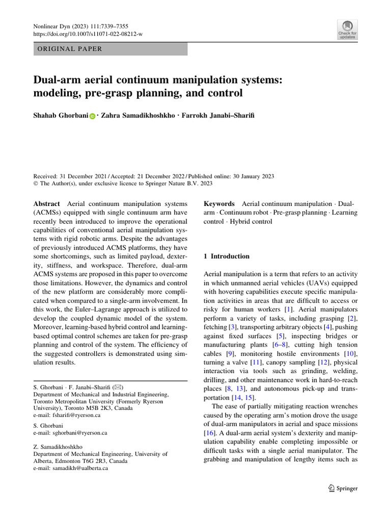 Dual-Arm Aerial Continuum Manipulation Systems Modeling, Pre-Grasp ...