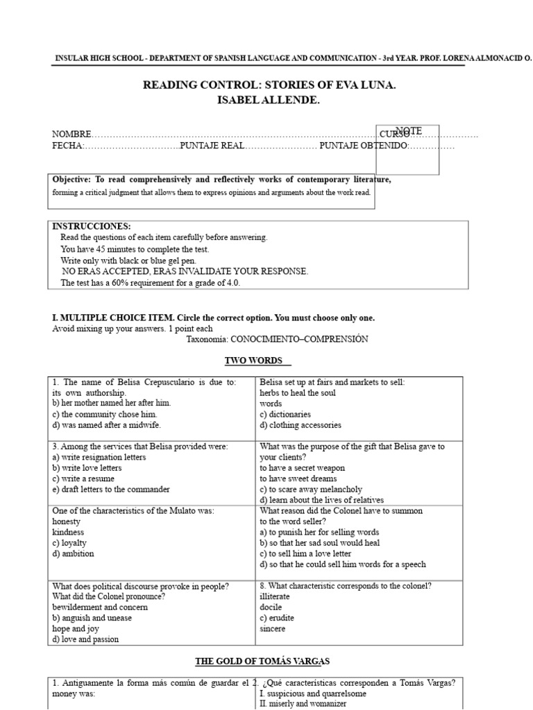 Spanish Literature Test: Eva Luna Analysis | PDF | Multiple Choice