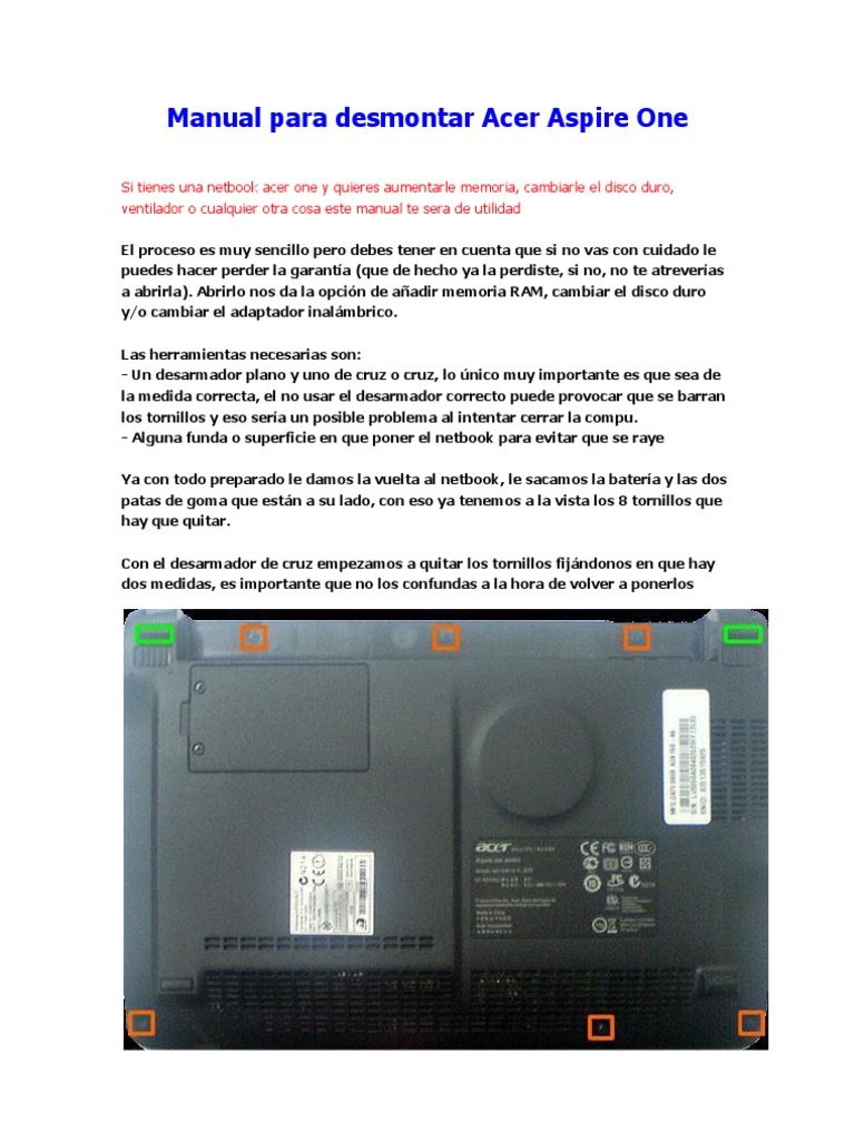 Manual para Desmontar Acer Aspire One | PDF | Memoria del ordenador ...