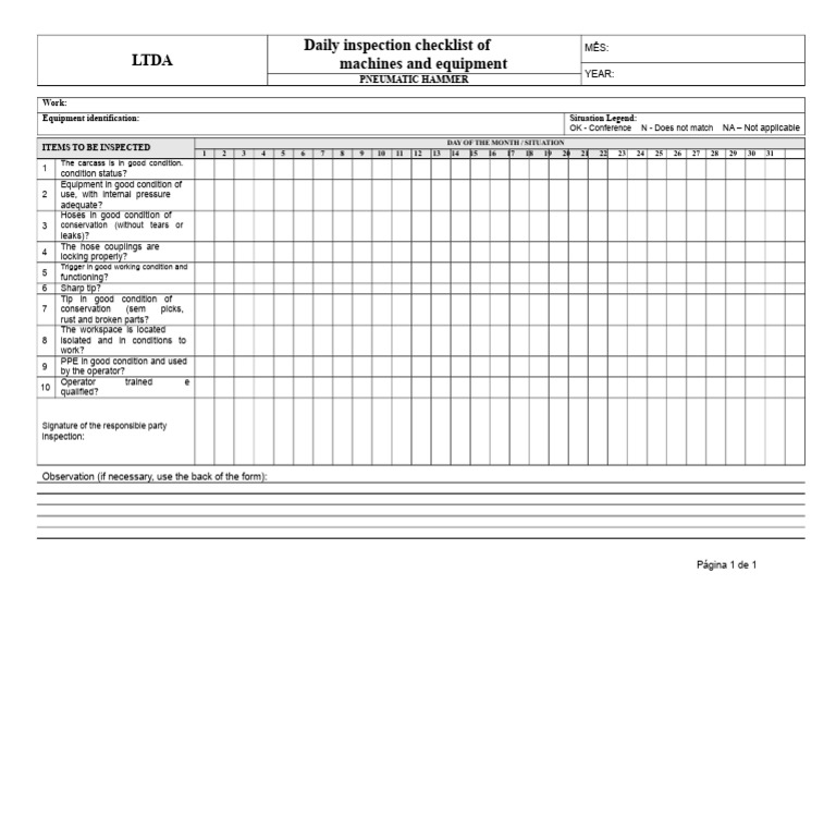Daily Checklist Model For Pneumatic Hammer | PDF