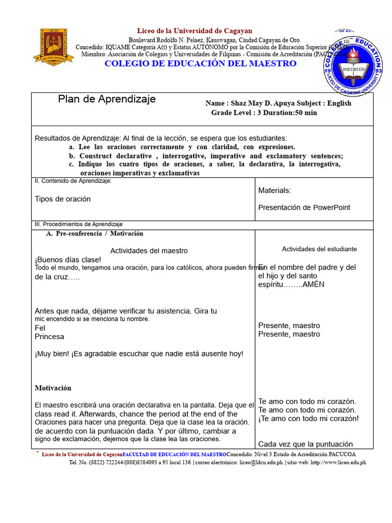 Tipos de Oraciones en Inglés para 3° Grado | PDF | Ortografía | Puntuación