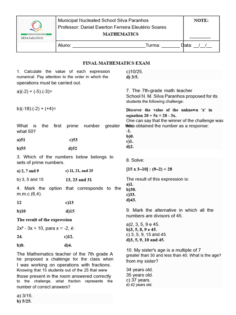 7th Grade Math Exam Challenges | PDF | Numbers | Mathematics