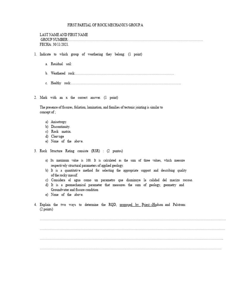 Partial Exam Rock Mechanics | PDF | Geology