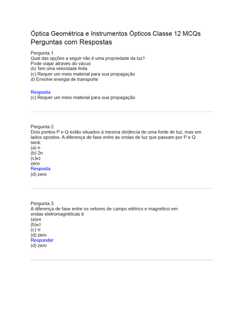 12ª Física MCQs (Cap 9) Com Respostas | PDF | Ótica | Refração