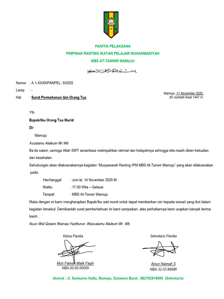 Surat Izin Orang Tua untuk Musyawarah IPM | PDF
