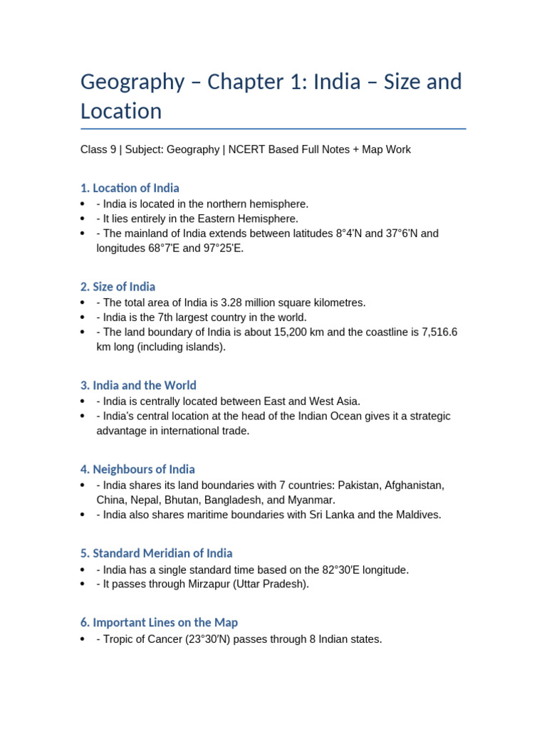 Geography Ch1 India Size Location Notes Trisha | PDF