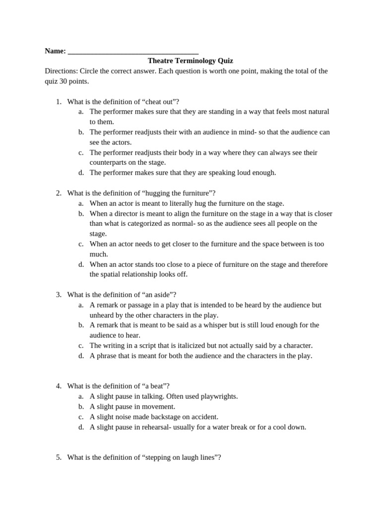 Theatre Terminology Quiz Guide | PDF | Theatre | Actor
