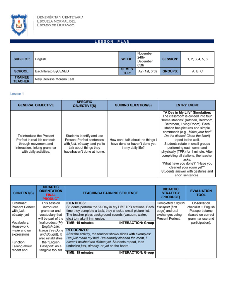 Present Perfect Lesson Plan for English | PDF | Perfect (Grammar ...