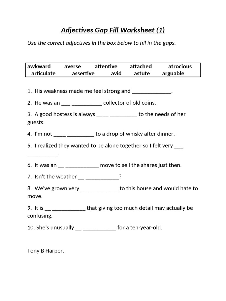 Adjectives Gap Fill Worksheet | PDF