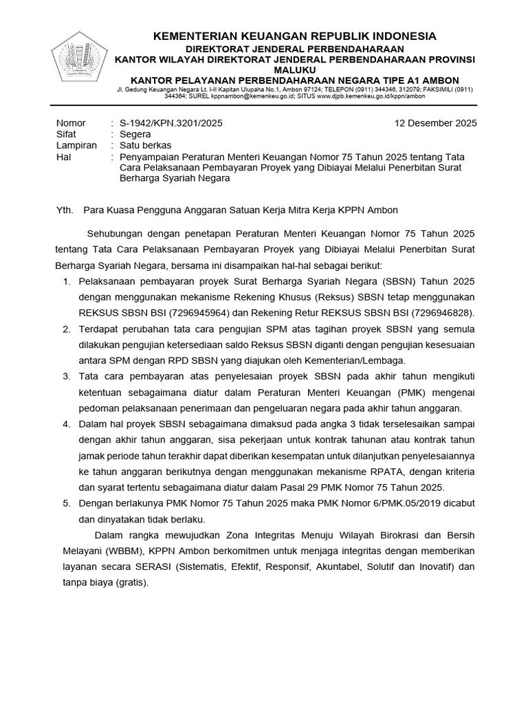 Penyampaian PMK 75 Tahun 2025 Tentang Tata Cara Pembayaran Proyek SBSN ...