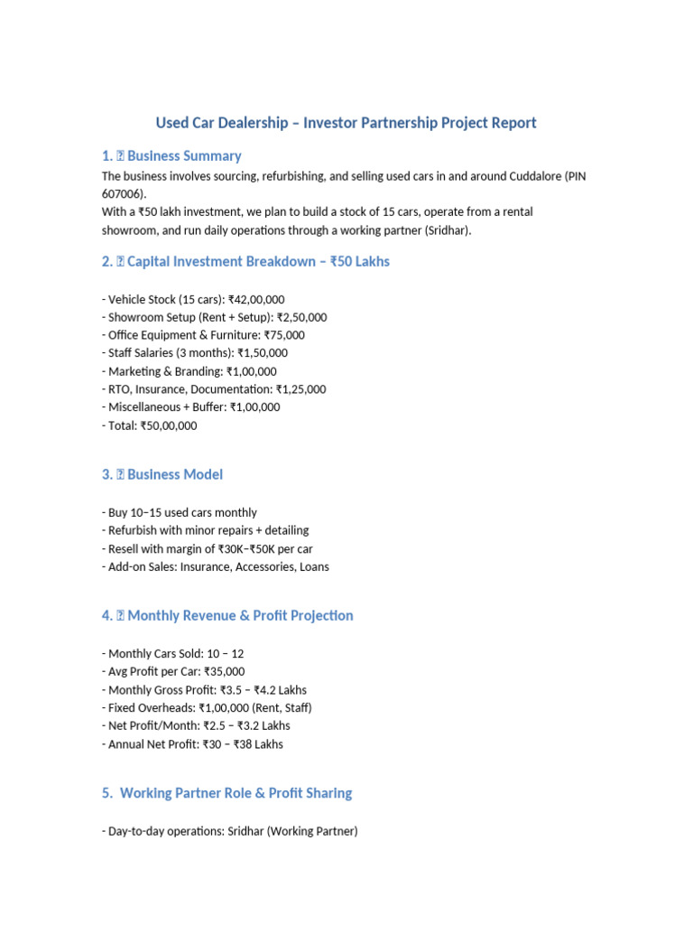Used Car Dealership Investment Proposal | PDF