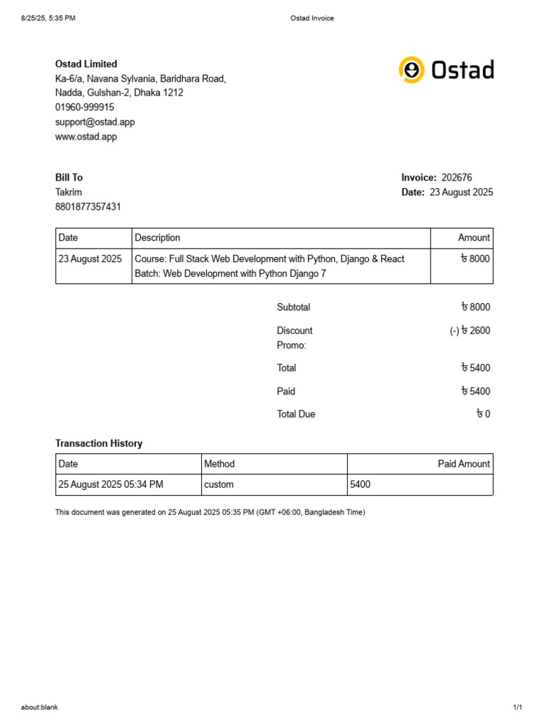 Ostad Invoice for Web Development Course | PDF