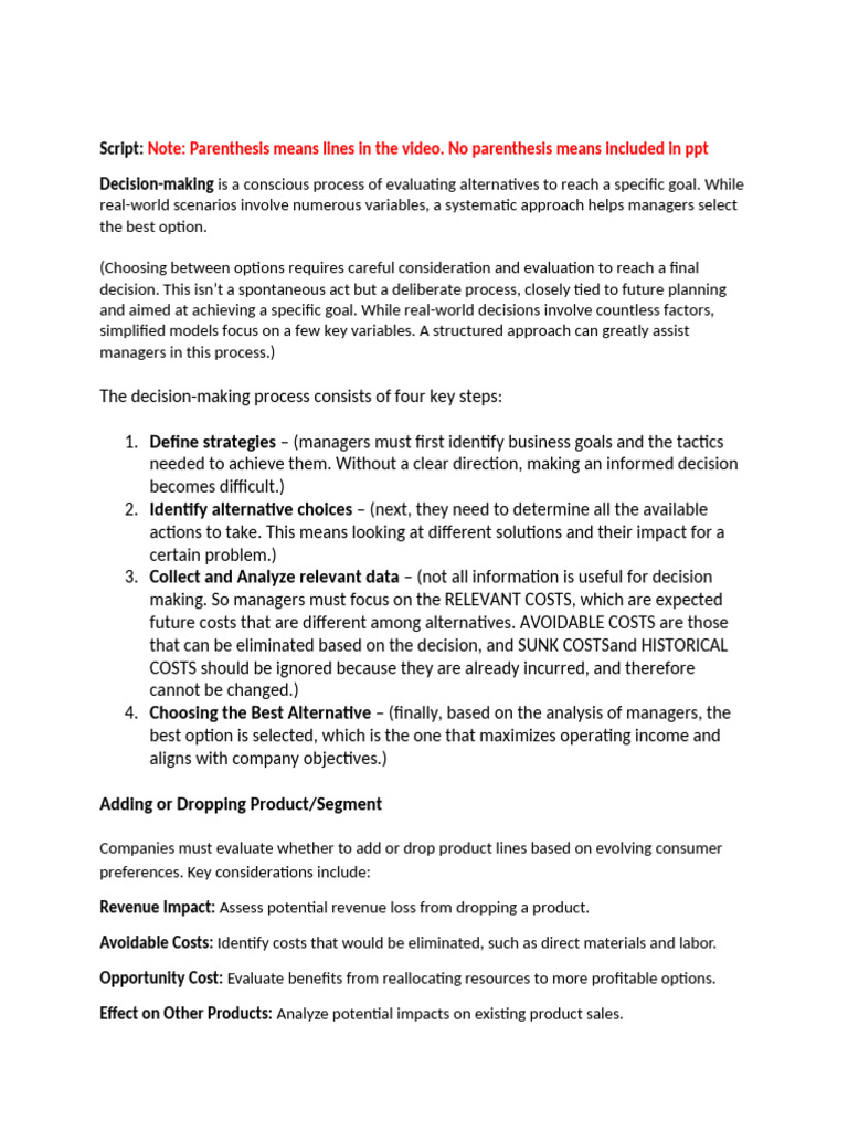 Script: Decision-Making: Define Strategies Identify Alternative Choices ...