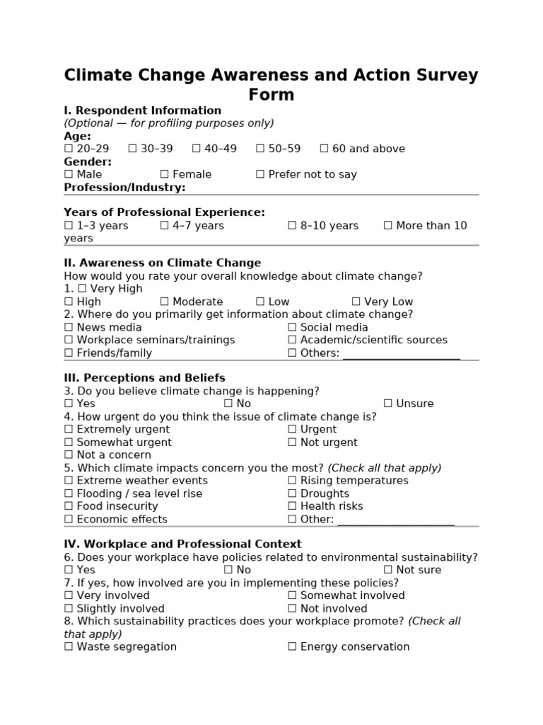 Climate Change Awareness and Action Survey Form | PDF | Climate Change ...
