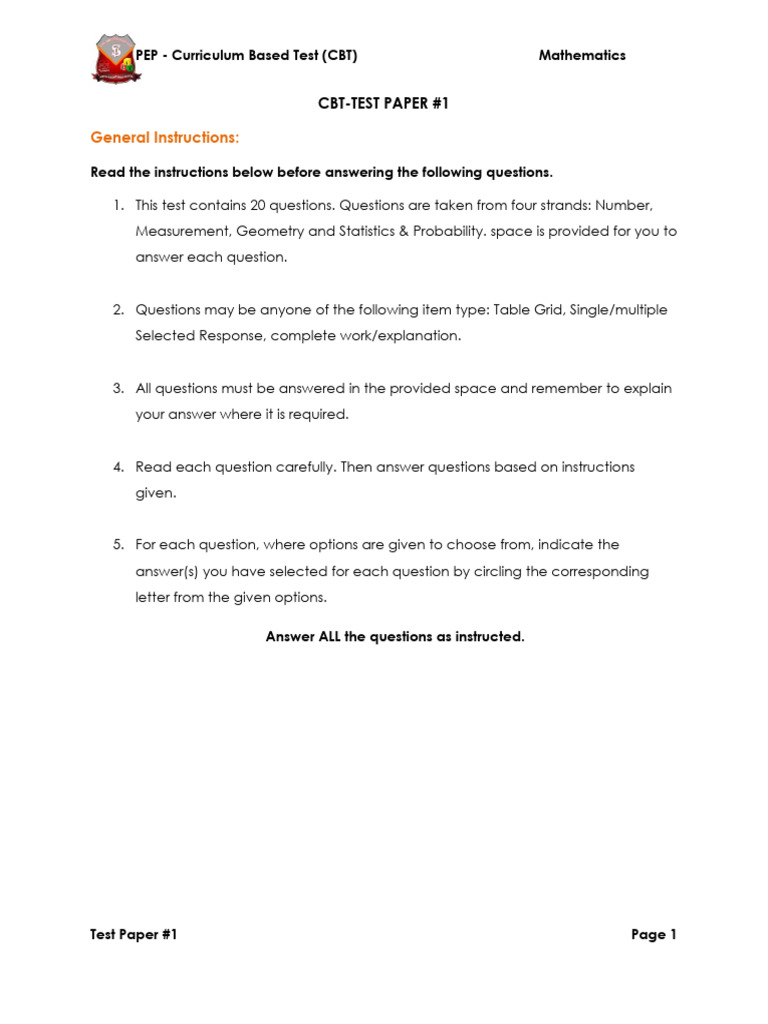PEP Mathematics Curriculum Test Paper 1 | PDF | Mathematics | Geometry