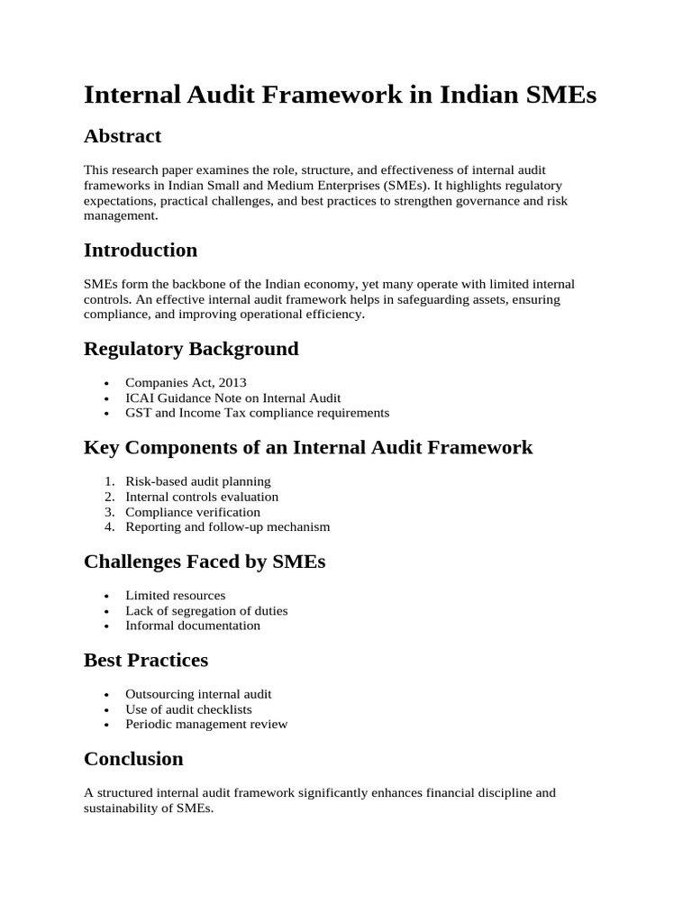 Internal Audit Framework for Indian SMEs | PDF