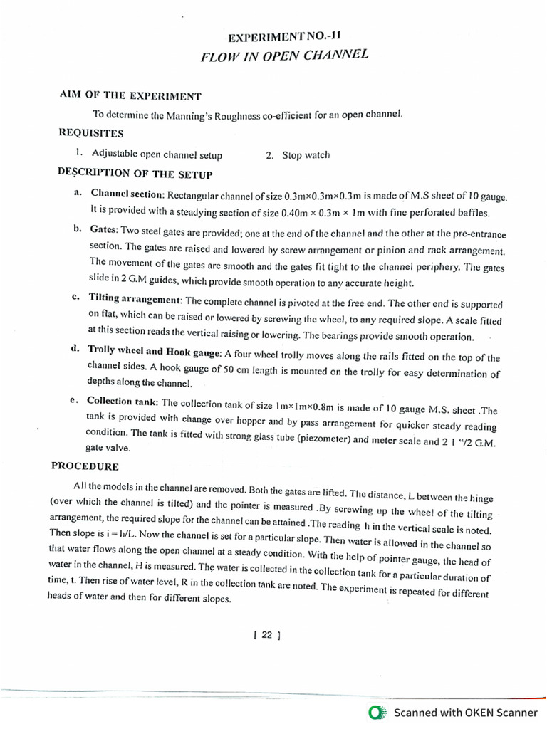 Flow in Open Channel (Manning's Roughness Coefficient) | PDF