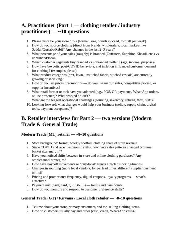 Clothing Retailer or Industry Practitioner Questions Format | PDF ...