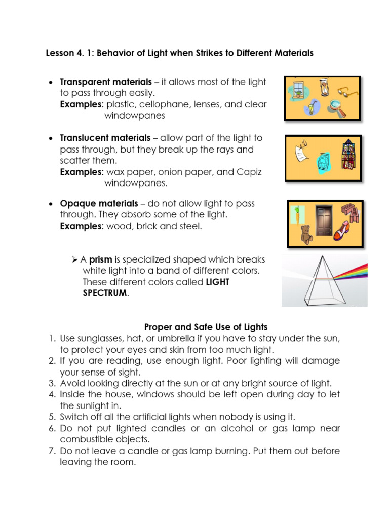 Lesson 4. 1 - Behavior of Light When Strikes To Different Materials | PDF