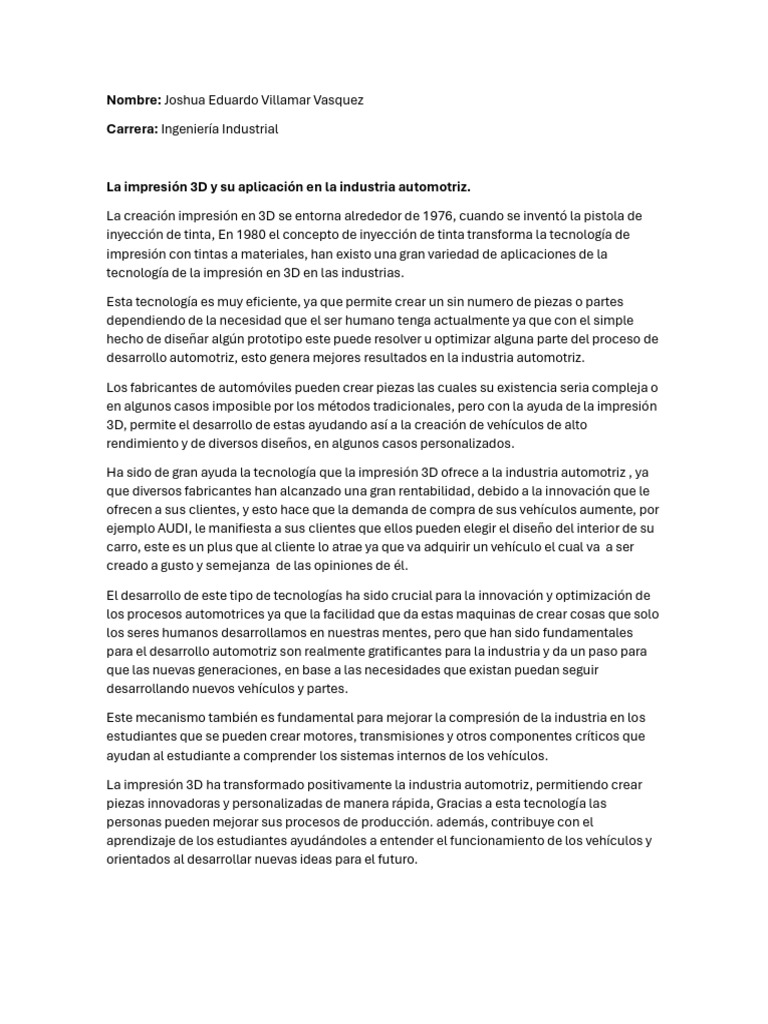 Impresión 3D en la Industria Automotriz | PDF | Impresión 3d ...