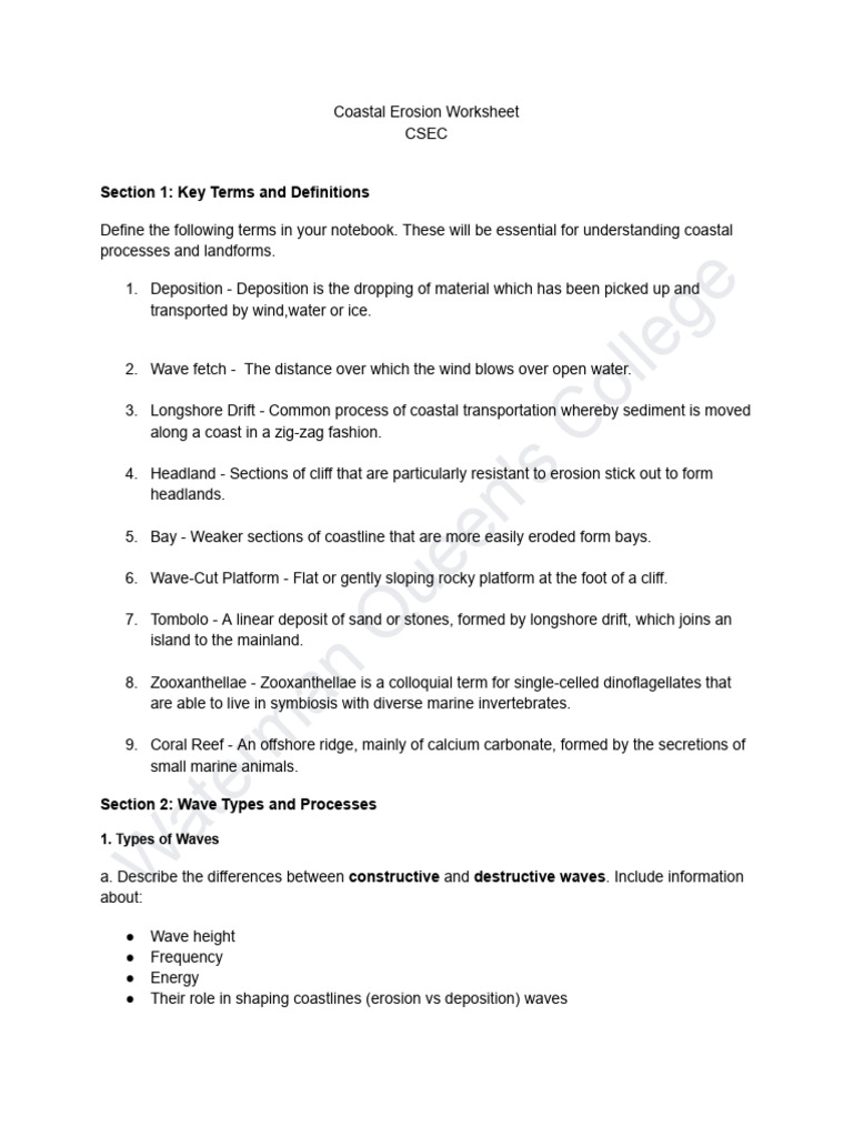 CSEC Coasts Worksheet | PDF | Coral Reef | Coast