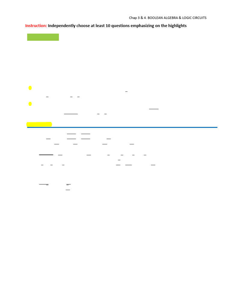 Chap 3 Boolean Algebra and Logic Functions - Assignment & Exercises ...
