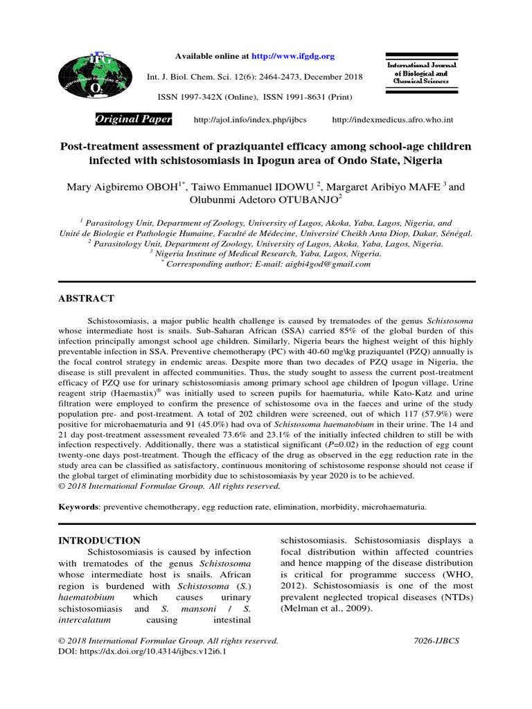 2018 Post-Treatment Assessment of PZQ Efficacy Among School-Age ...