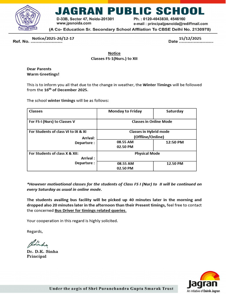 Notice For Winter Timings Classes FS-1 (Nurs.) To XII | PDF