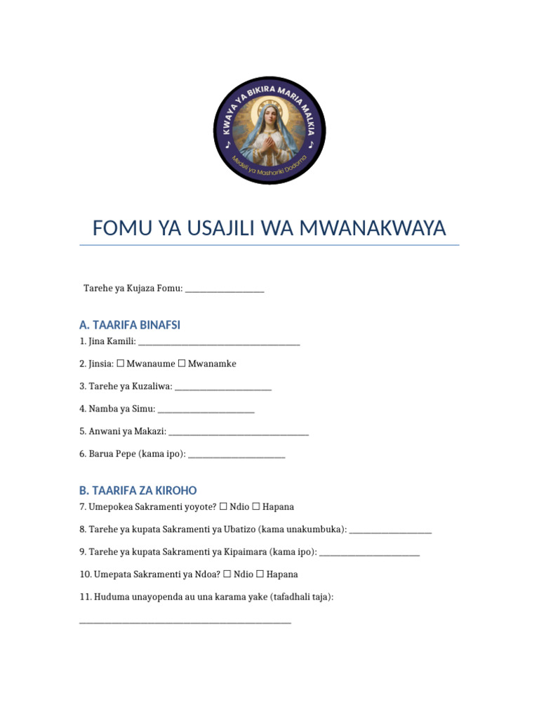 Fomu Ya Maombi Ya Kujiunga Na Kwanya 2025 | PDF