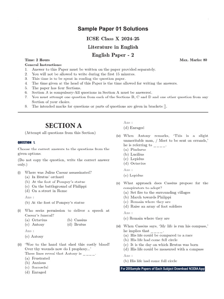 Sample Paper Class 10 Icse | PDF