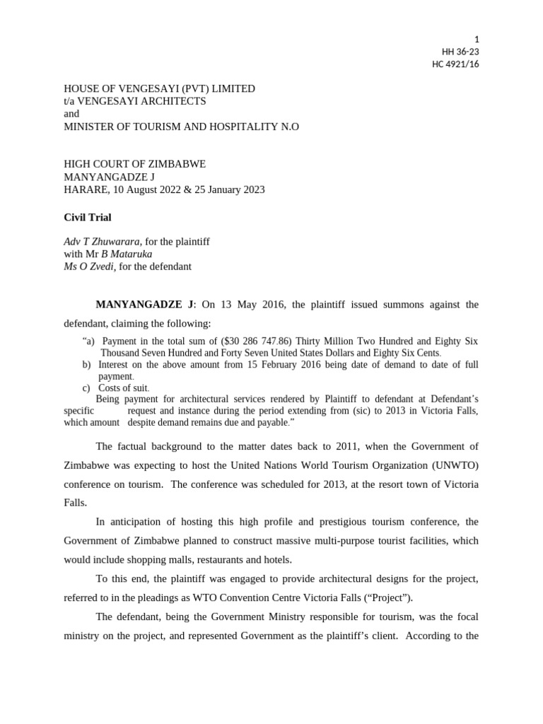 House of Vengesayi (PVT) Limited Ta Vengesai Architects v Minister of ...