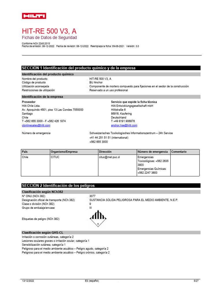 Ficha de Seguridad HIT-RE 500 V3, A | PDF | Agua | Cloro