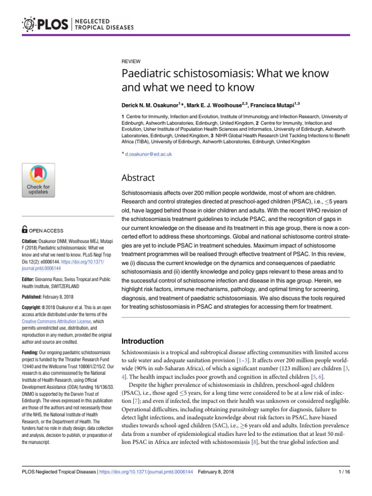 2018 Paediatric Schistosomiasis - What We Know and What We Need To Know ...