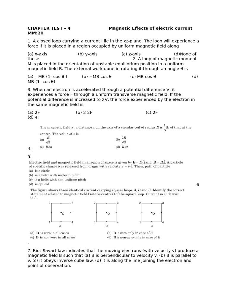 CHAPTER TEST - 4 Magnetic Effects of Electric Current | PDF | Magnetic ...