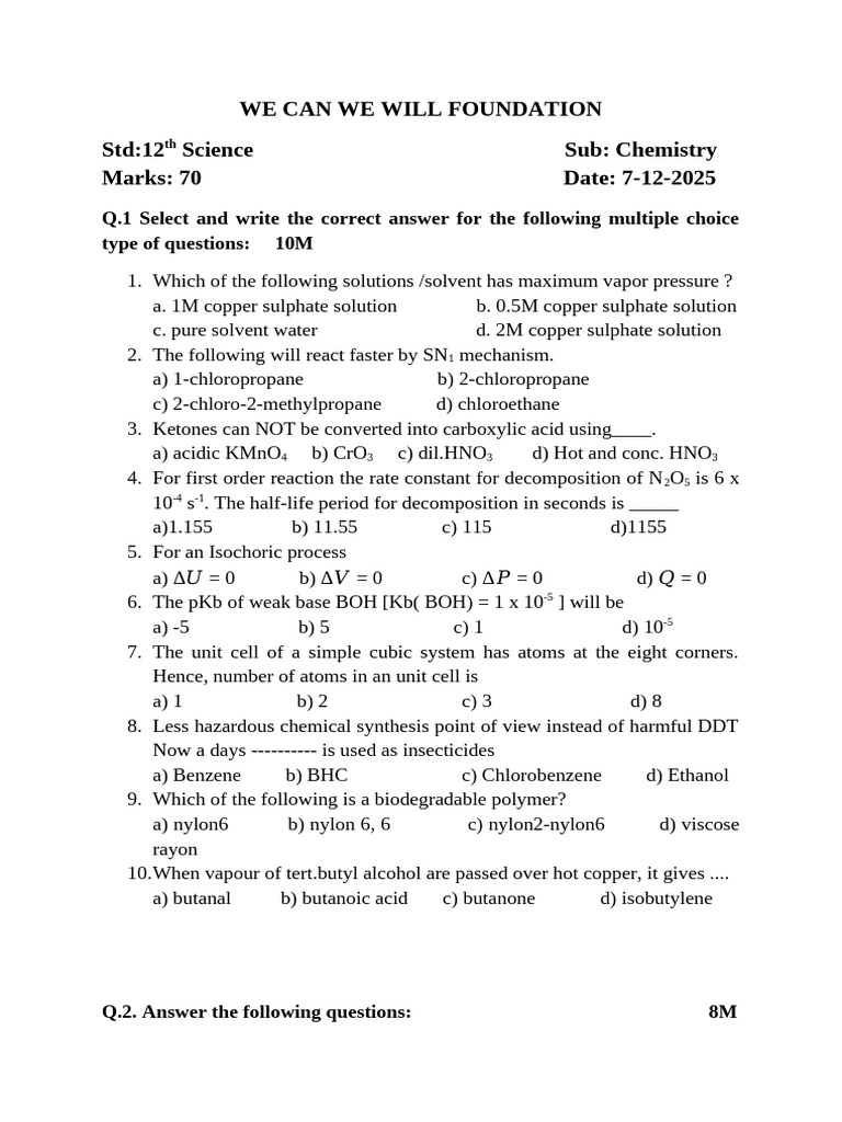 12th Grade Chemistry Exam Questions | PDF | Ether | Ph