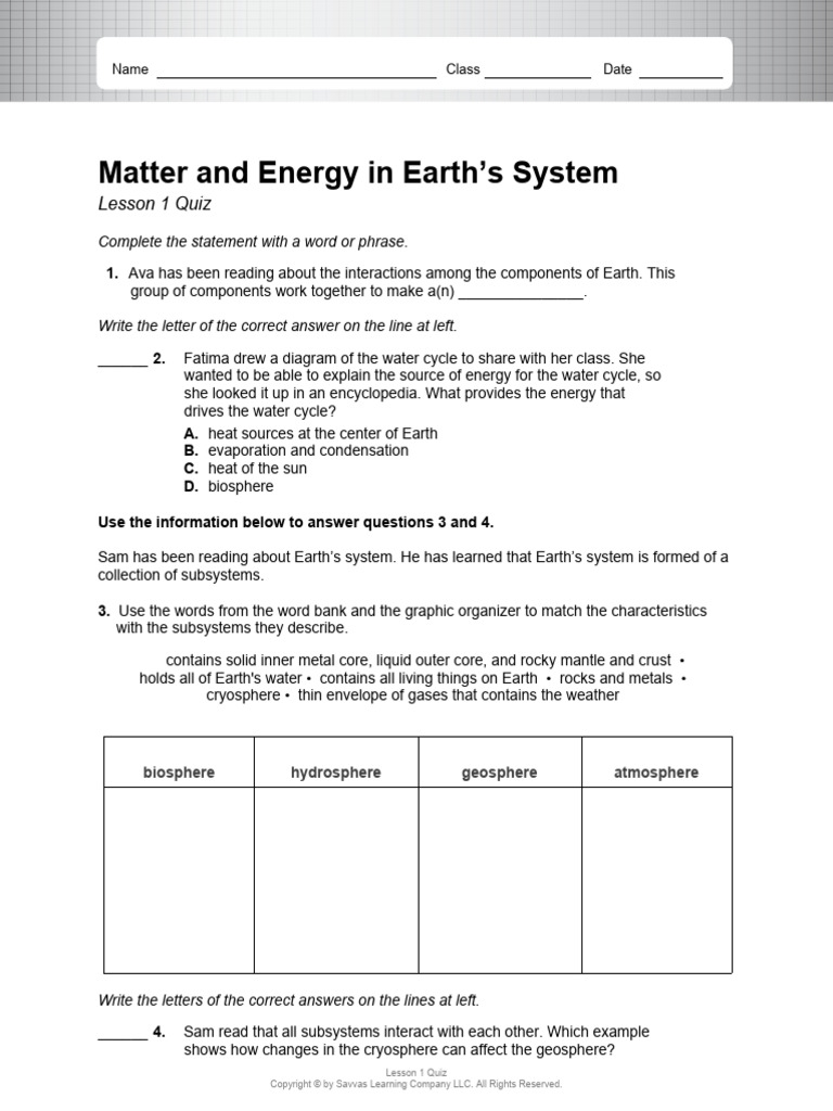 Earth Systems Lesson 1 Quiz | PDF | Earth | Water Cycle