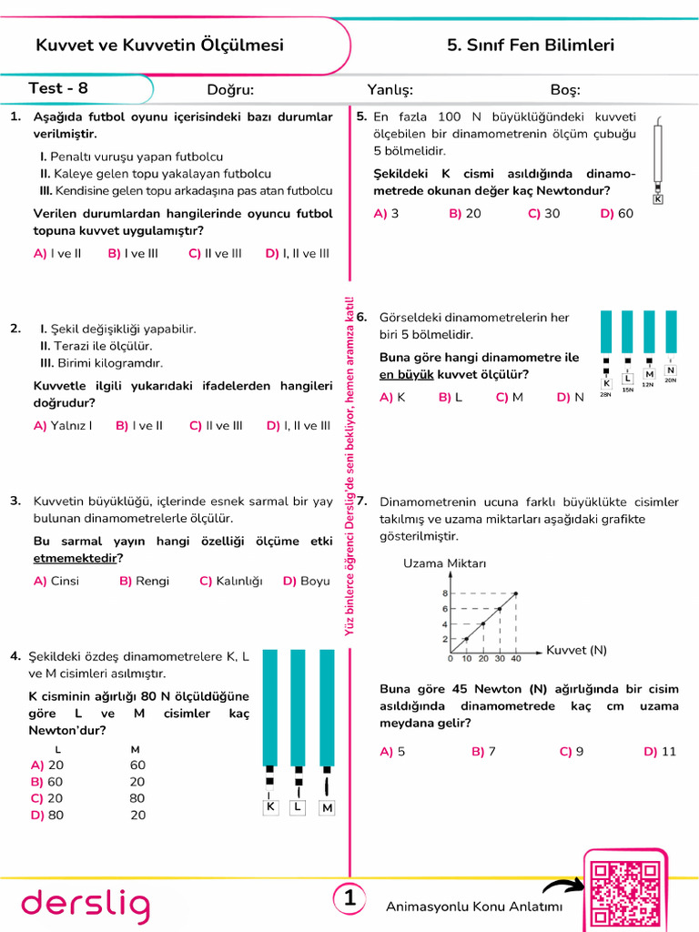 Test 8 Kuvvet Ve Kuvvetin Olculmesi | PDF