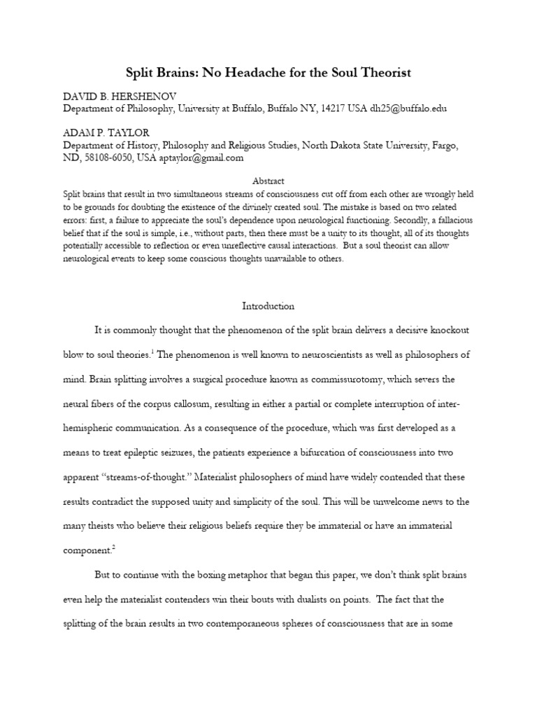 Split Brains No Headache for Soul Theorists | PDF | Thought | Soul