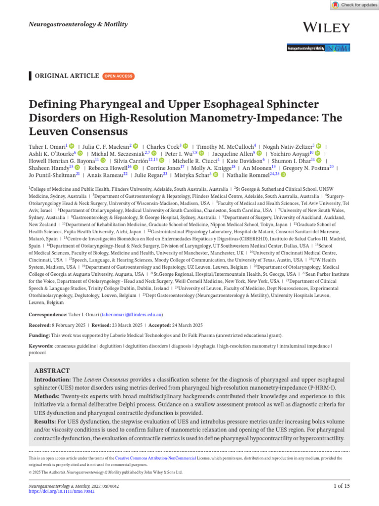 Defining Pharyngeal and Upper Esophageal Sphincter Disorders | PDF