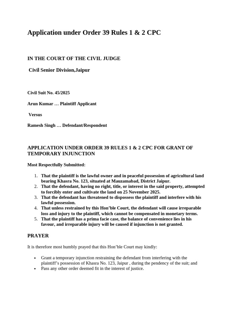 Application Under Order 39 Rules 1 Drafting | PDF