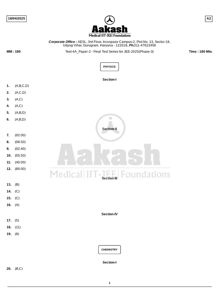 FTS-2025_Ph-3_T4A-Paper-2_(Code-A2)_Sol_(18-04-2025) | PDF | Chemistry ...