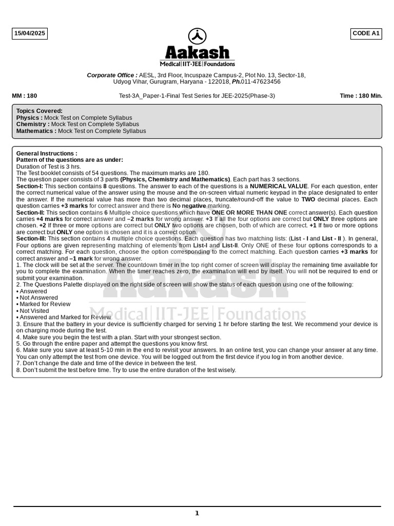 SS (P3 - Adv) FTS - 03 (A1) Paper-1 (15-04-2025) Paper | PDF ...