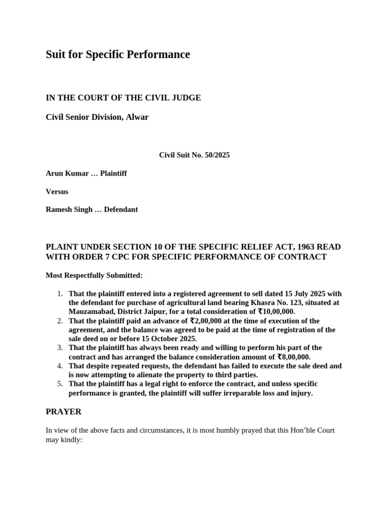 Suit For Specific Performance Drafting | PDF