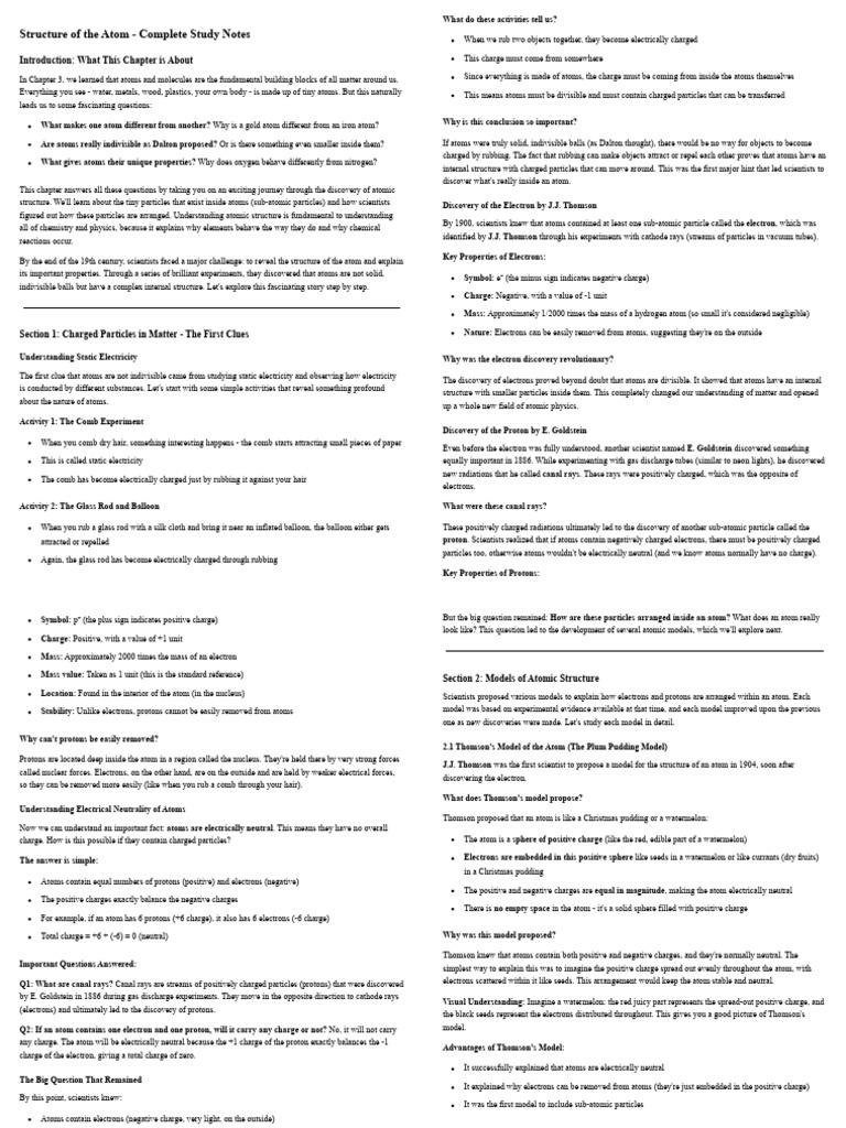 Complete Study Notes - Structure of The Atom | PDF | Atomic Nucleus | Atoms