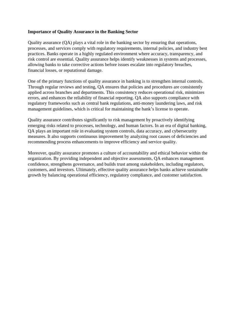 Importance of Quality Assurance in The Banking Sector | PDF