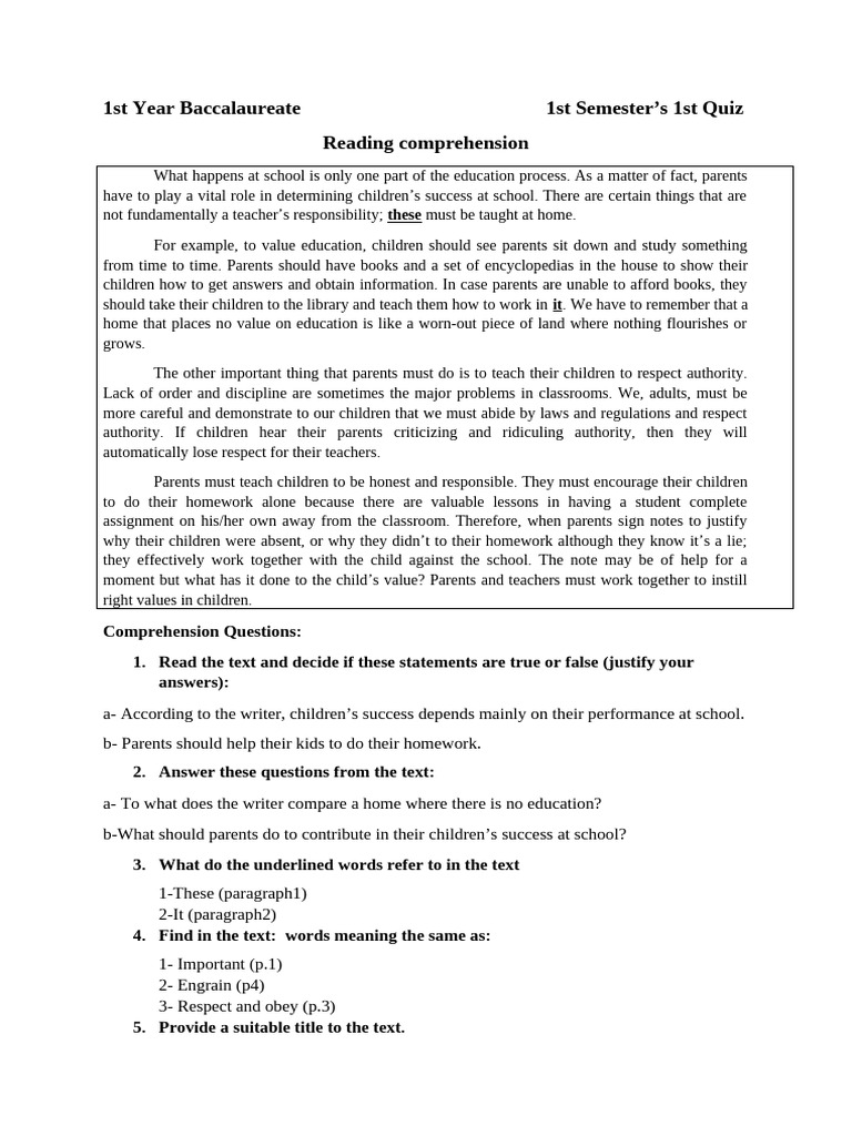 1st Year Baccalaureate-First Quiz | PDF | Teachers | Learning